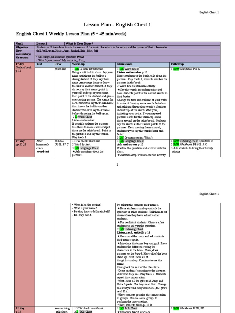 English Chest 1 Teachers Guide Lesson Plan | PDF | Lesson Plan | Question