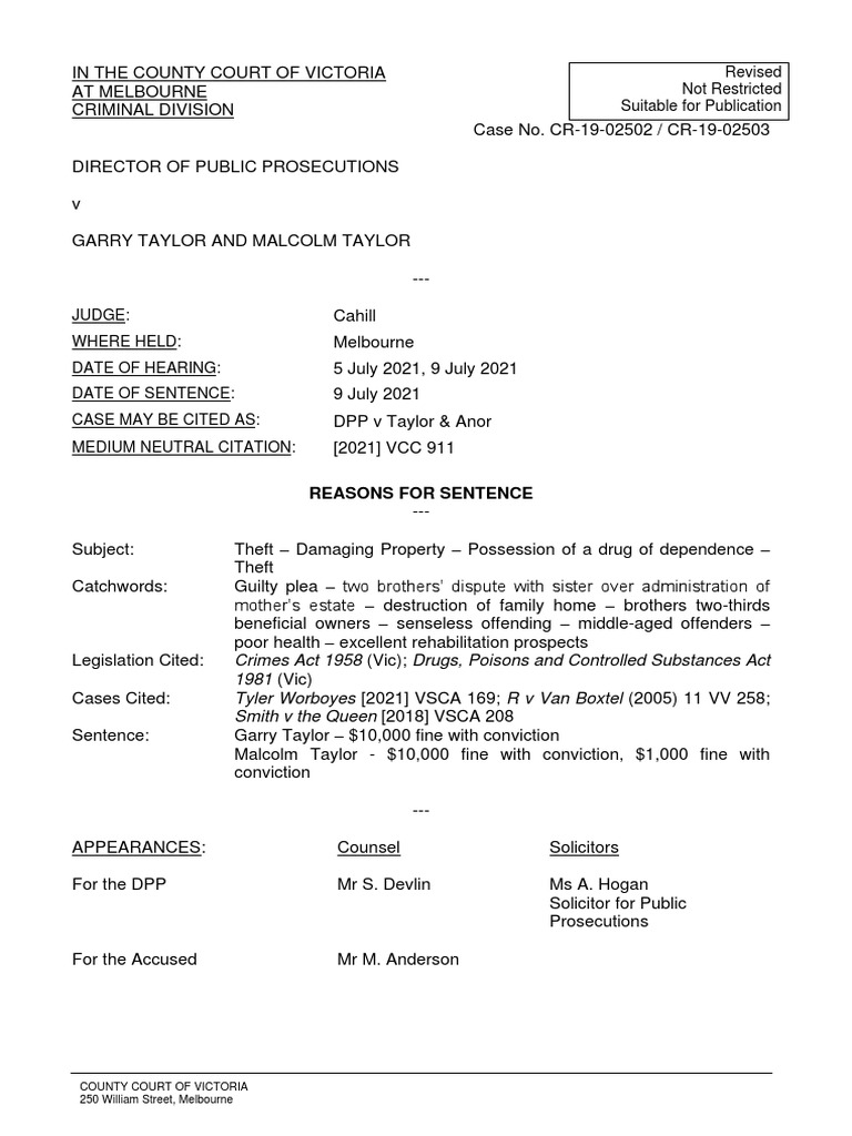 Sentencing Remarks DPP V Taylor Anor | PDF | Sentence (Law) | Crime ...