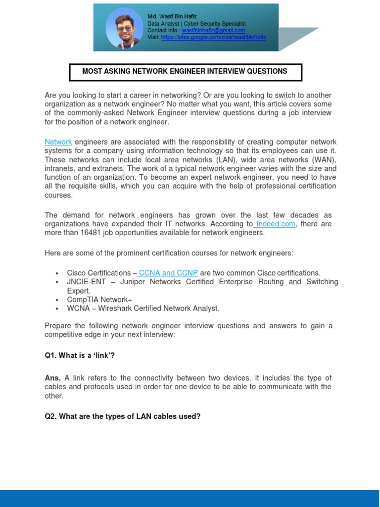 Top Interview Questions For "Network Engineer" Position. Md. Wasif Bin ...