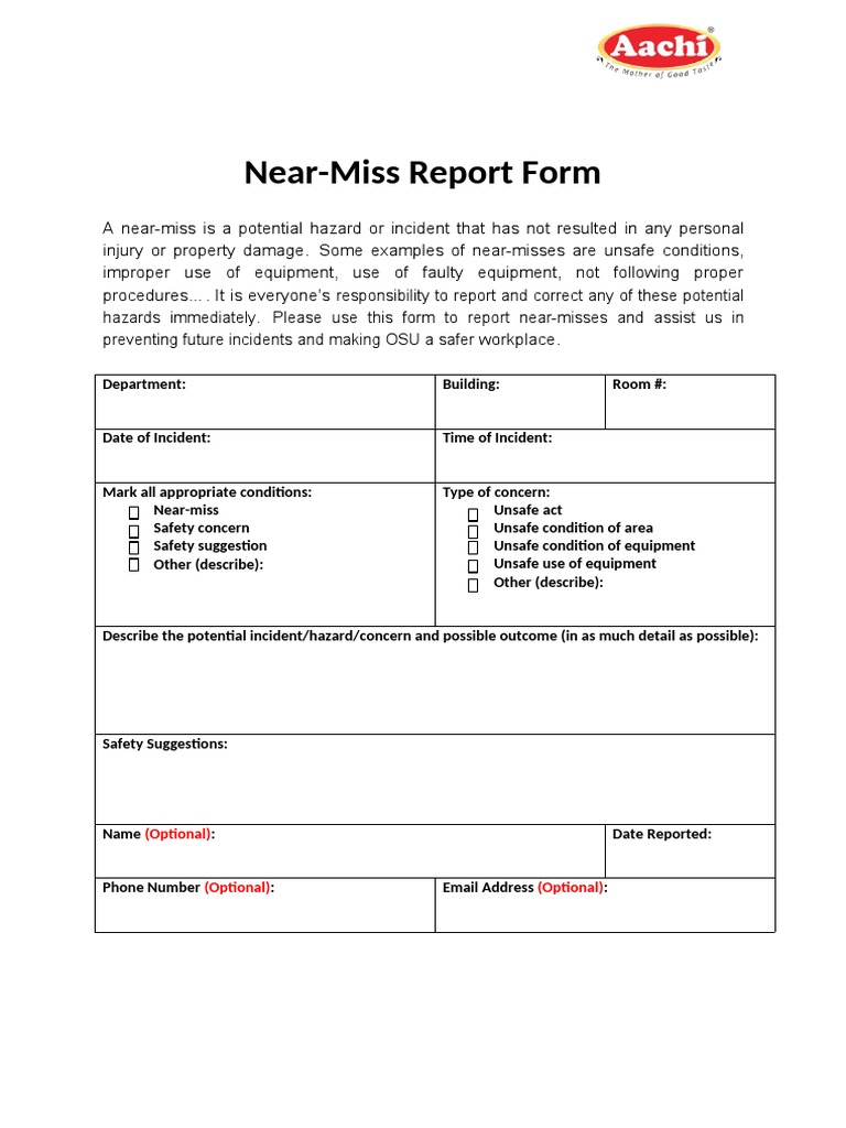 Near-Miss Report Form: (Optional) | PDF
