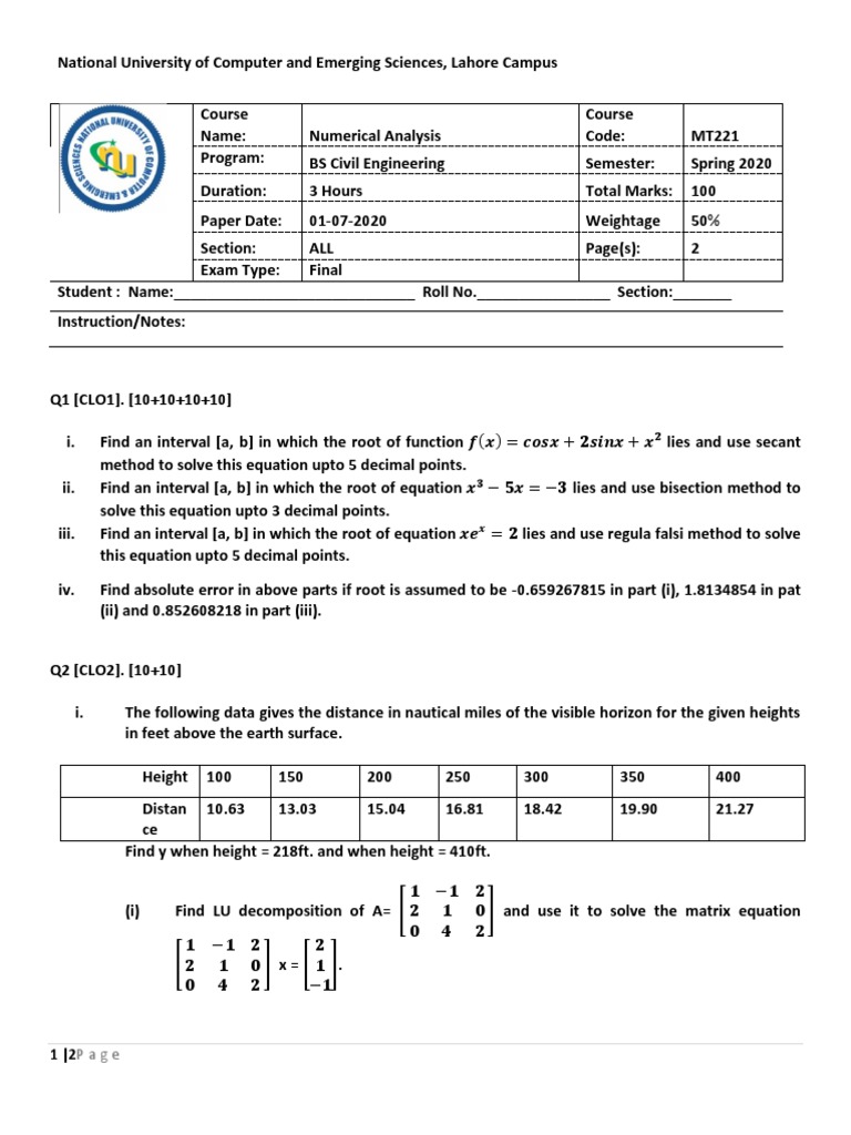 Numerical Analysis Final Exam | PDF | Numerical Analysis | Mathematical ...