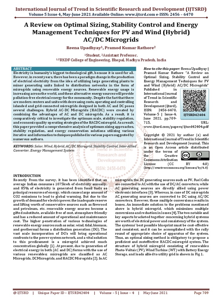 A Review On Optimal Sizing, Stability Control and Energy Management Techniques For PV and Wind ...