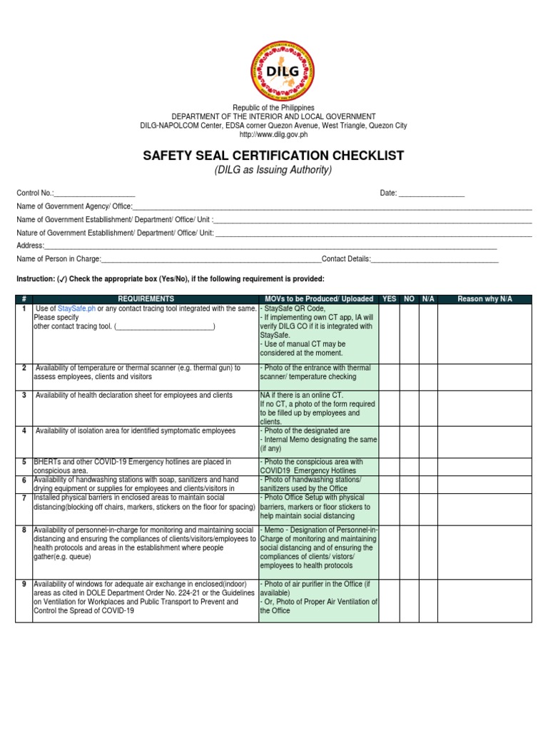 Safety Seal Certification Checklist | PDF | Disinfectant | Public Health