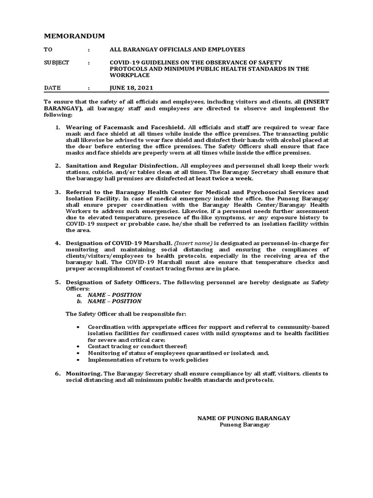 Memo - COVID 19 Guidelines and Observance of Safety Protocols | PDF ...