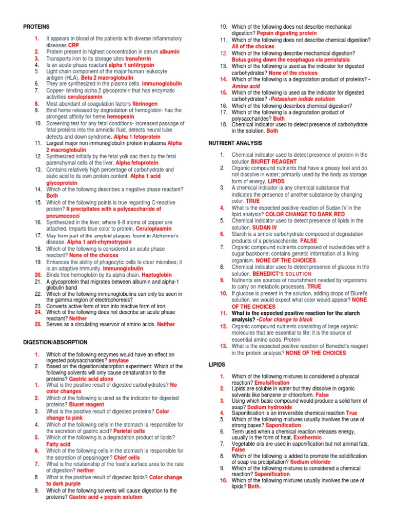 Biochem Answer Key | PDF | Digestion | Proteins