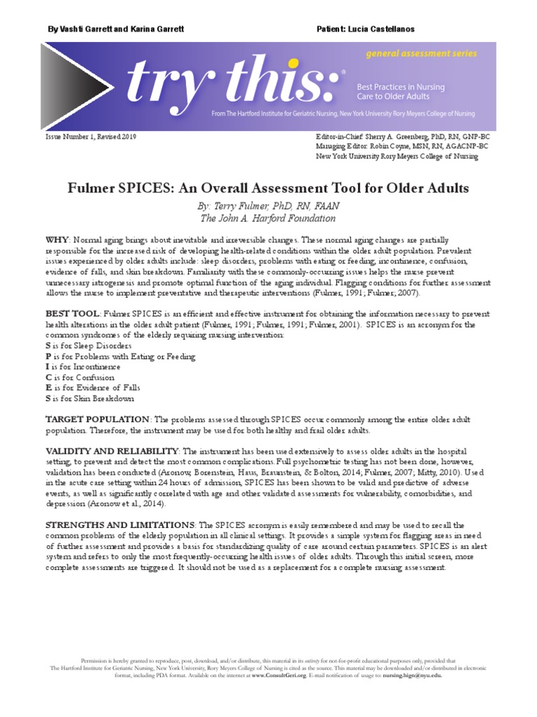 Fulmer SPICES: An Overall Assessment Tool For Older Adults | Download ...
