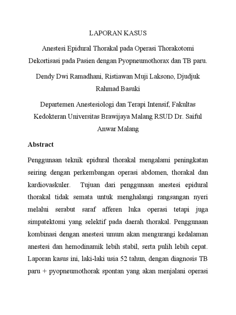 Anestesi Epidural Thorakal pada Thorakotomi | PDF