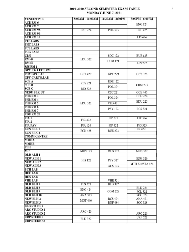 2019-2020 Second Semester Exam Table Monday June 7, 2021 | PDF