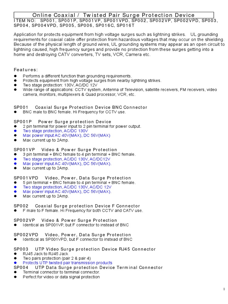 SP01 016 Surge Protector-2010.04 | PDF | Coaxial Cable | Electrical Connector