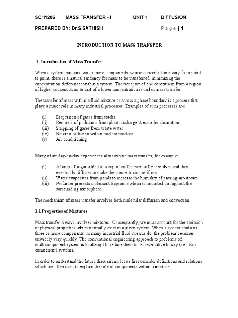 Sch1206 Mass Transfer - I Unit 1 Diffusion Prepared By: Dr.S.Sathish - 1 | PDF | Diffusion ...