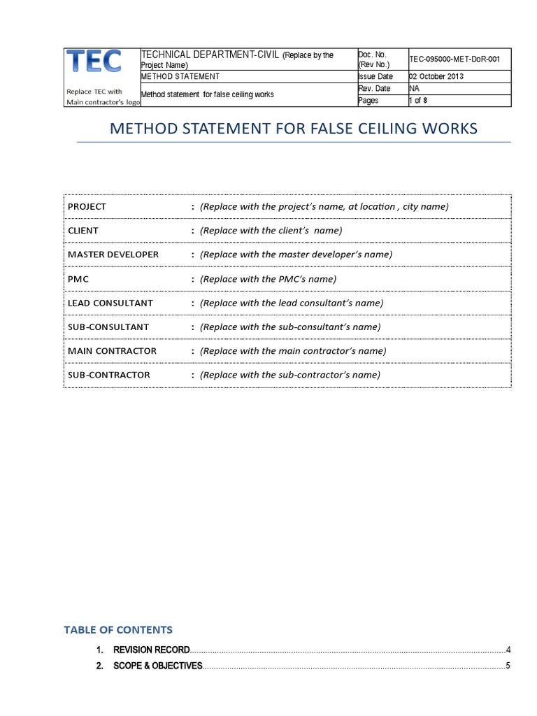 Method Statement For False Ceiling Works | PDF | Drywall | Knife