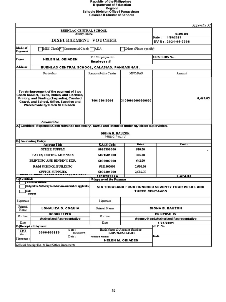 Disbursement Voucher: Appendix 32 | PDF | Payments | Cheque