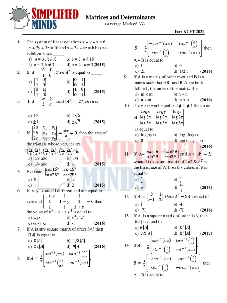 3&4.matrices and Determinants | PDF | Determinant | Matrix (Mathematics)