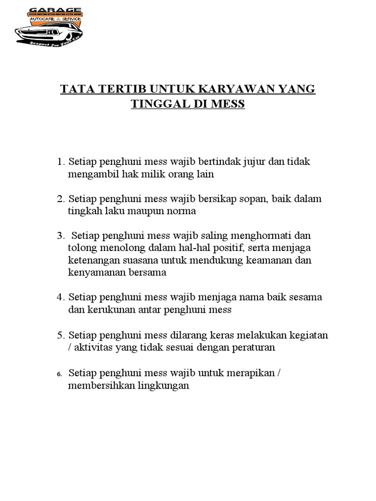 Tata Tertib Untuk Karyawan Yang Tinggal Di Mess | PDF