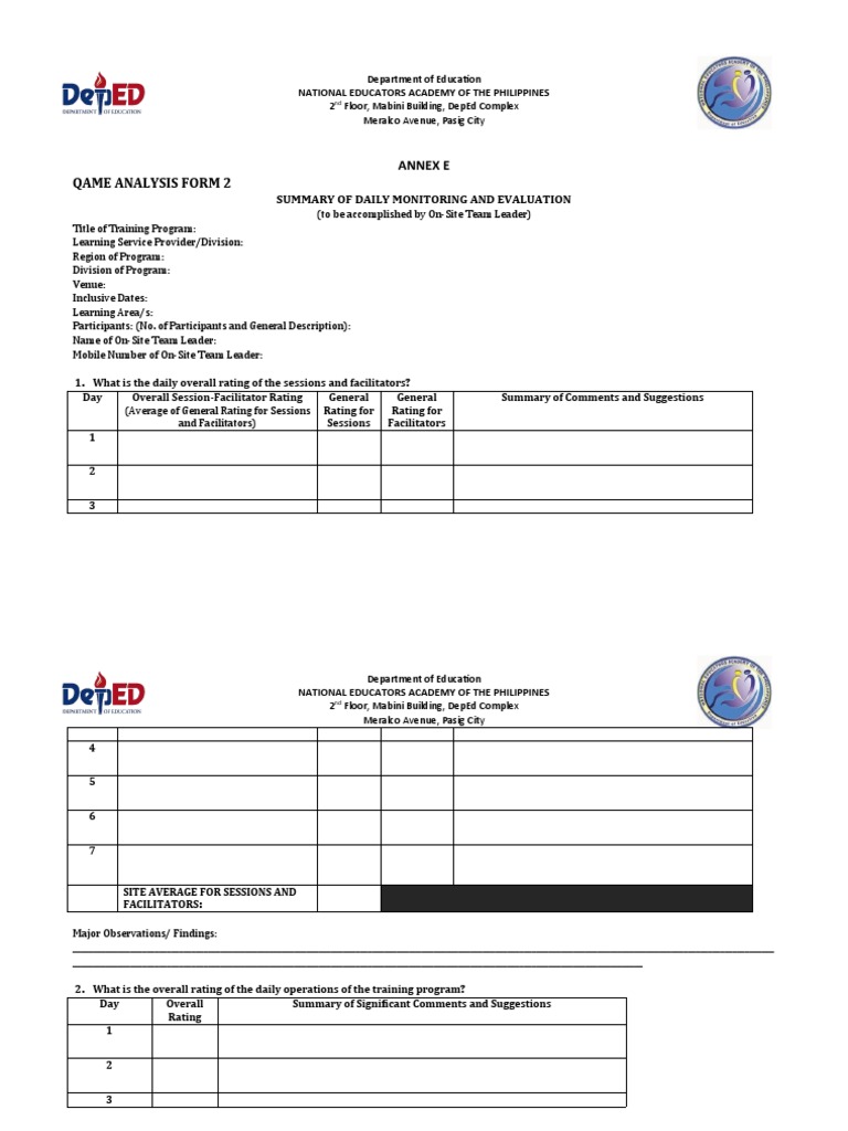 Annex E Qame Analysis Form 2: Summary of Daily Monitoring and ...