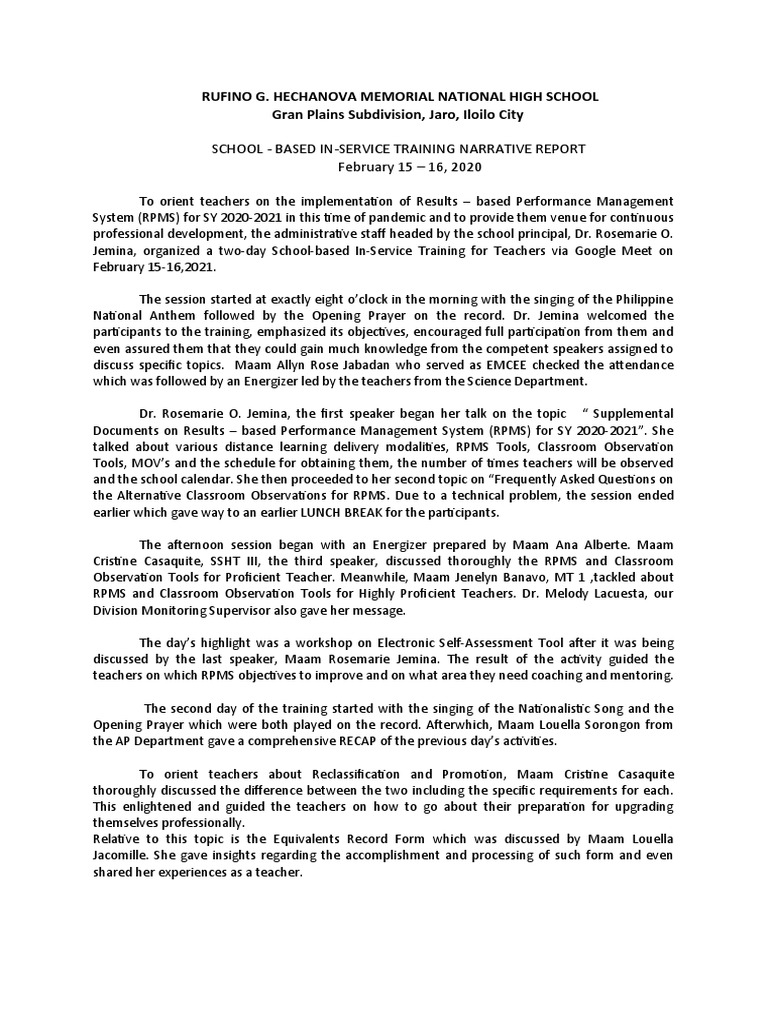 INSET Narrative Report 2021 (AutoRecovered) | PDF | Teaching | Behavior Modification