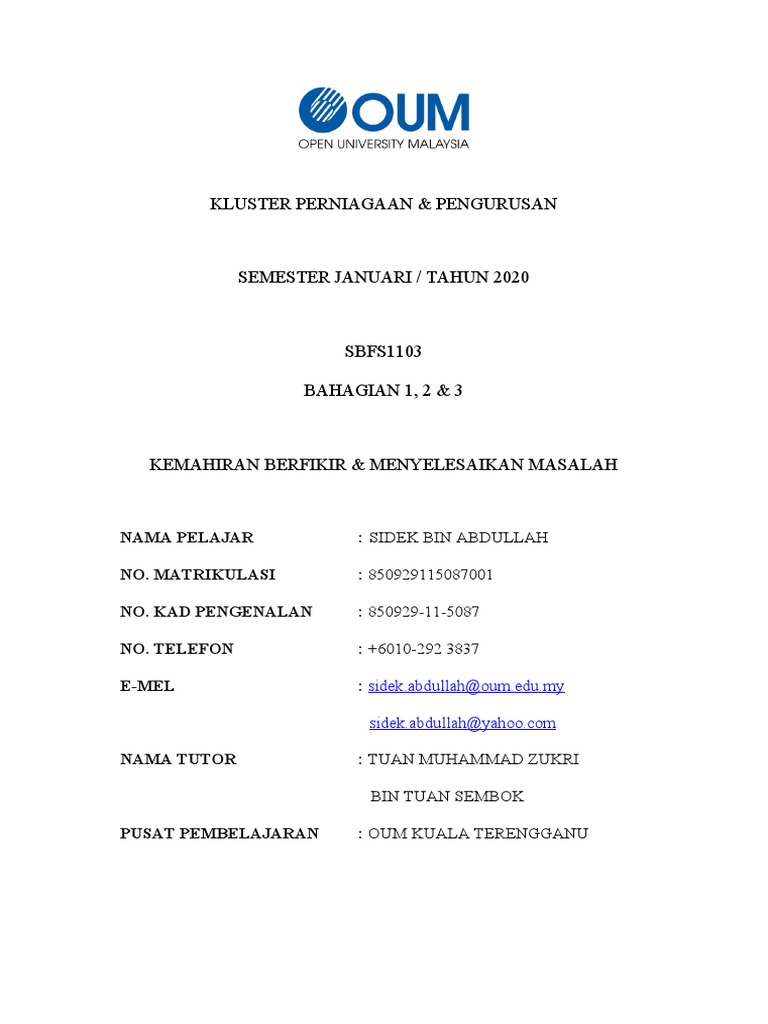 SBFS1103 Thinking Skills and Prob Solving - Sidek Bin Abdullah | PDF