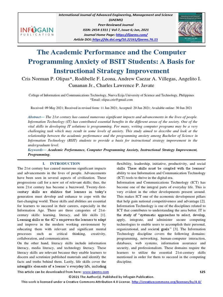 The Academic Performance and The Computer Programming Anxiety of BSIT ...