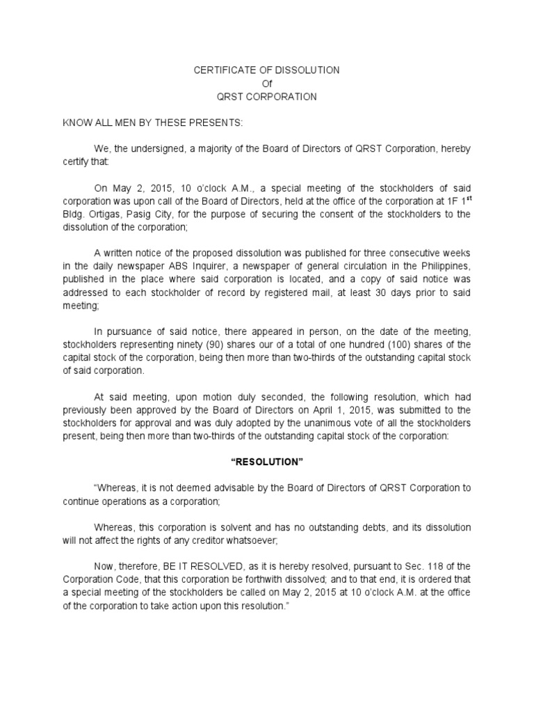 Form No. 138 CERTIFICATE OF CORPORATE DISSOLUTION | PDF | Board Of ...