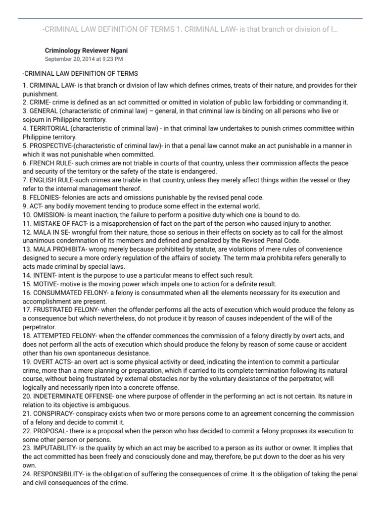Criminal Law Definition Terms Explained | PDF | Evidence | Crime & Violence