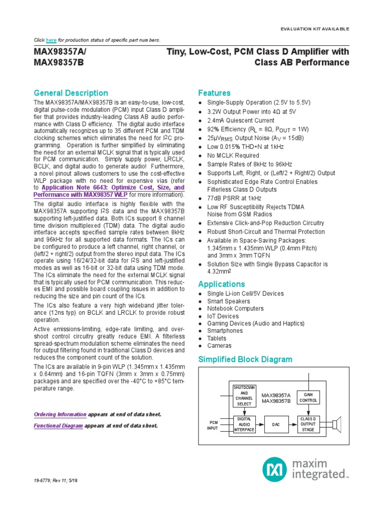 MAX98357A/ MAX98357B Tiny, Low-Cost, PCM Class D Amplifier With Class ...