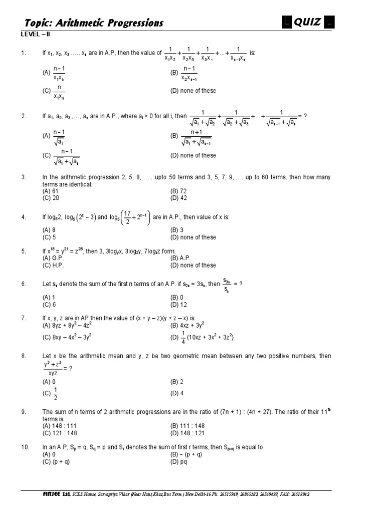 Arithmetic Progressions Quiz: Questions on Properties, Sum of Terms ...