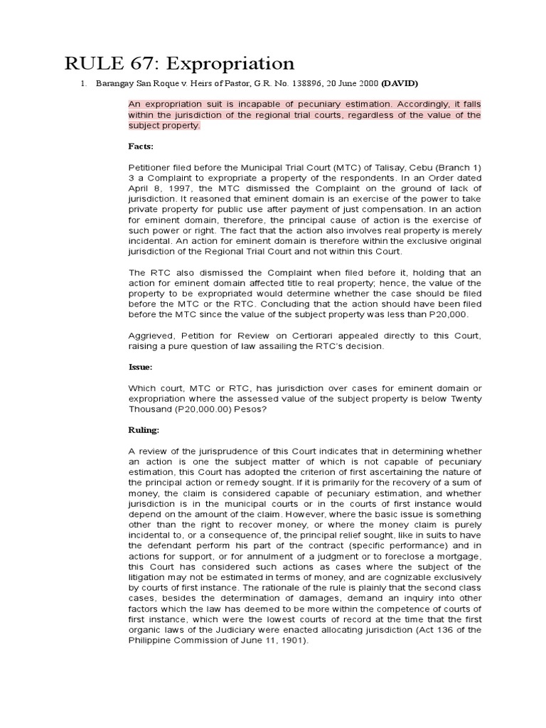 RULE 67: Expropriation: Facts | PDF | Eminent Domain | Just Compensation
