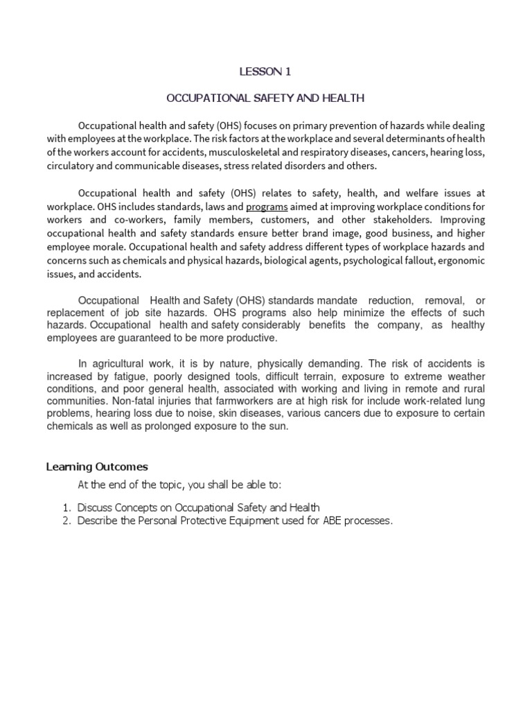 Lesson 1 Occupational Safety and Health: Learning Outcomes | PDF ...