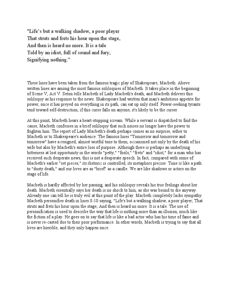 Life's but a Walking Shadow: Macbeth's Resigned Soliloquy on the ...