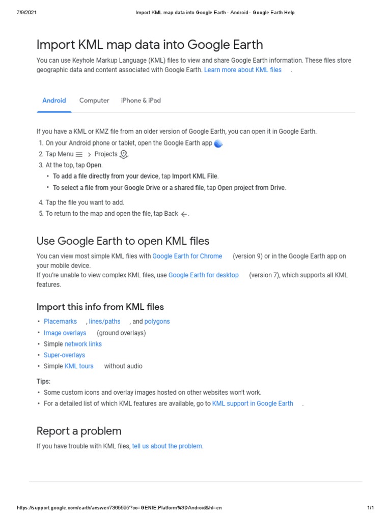 Import KML Map Data Into Google Earth - Android - Google Earth Help | PDF