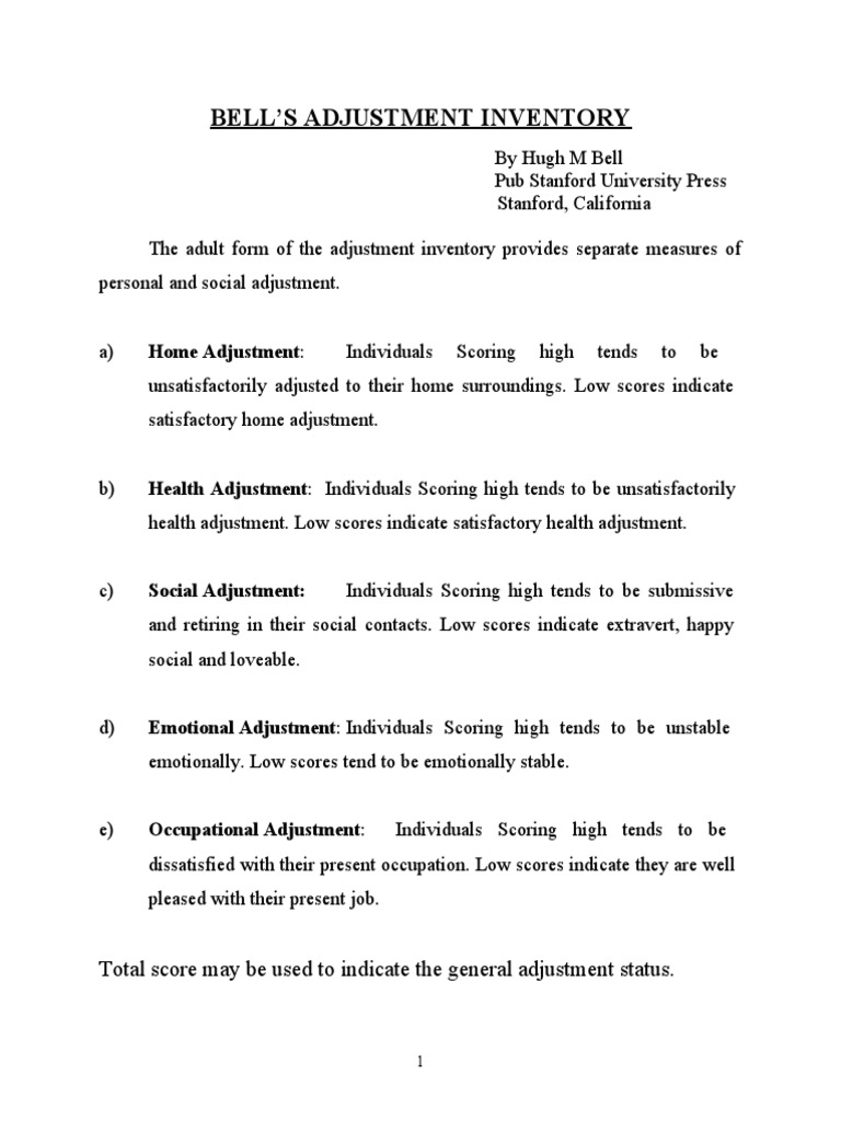 Bell's Adjustment Scoring | PDF | Psychology | Human Nature