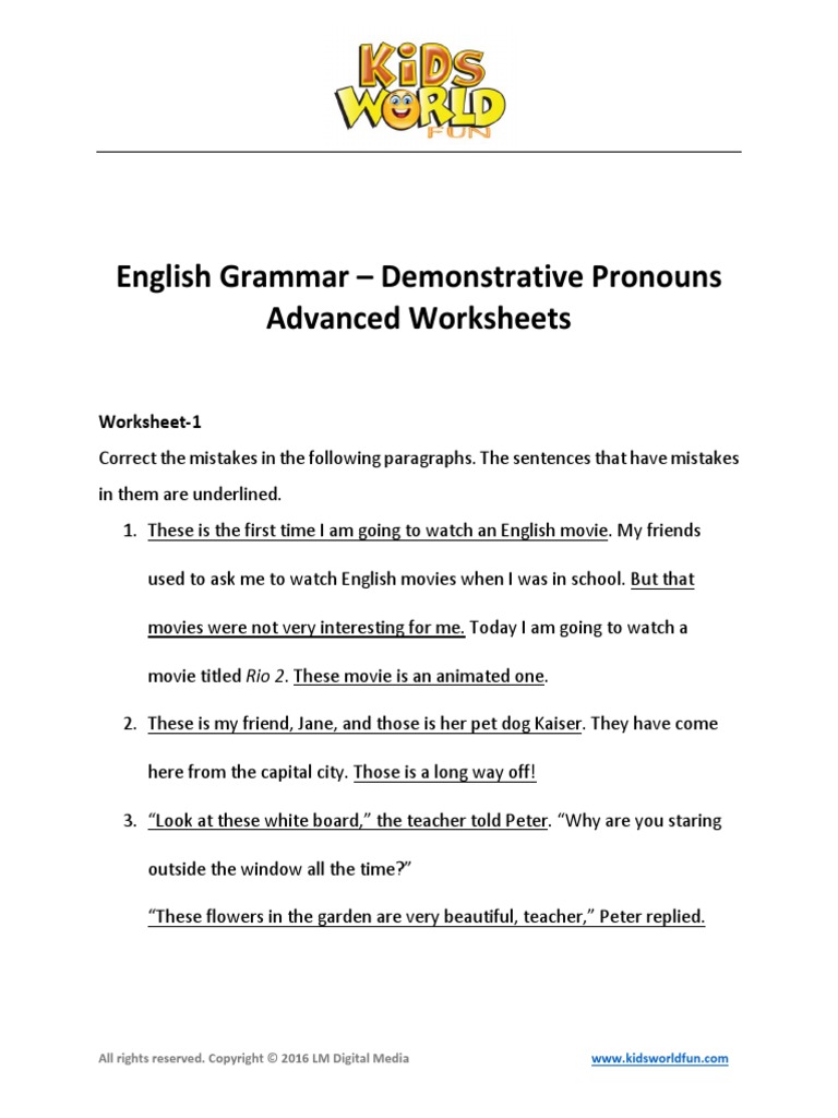 Demonstrative Pronouns Advanced Worksheets | PDF | Language Arts ...