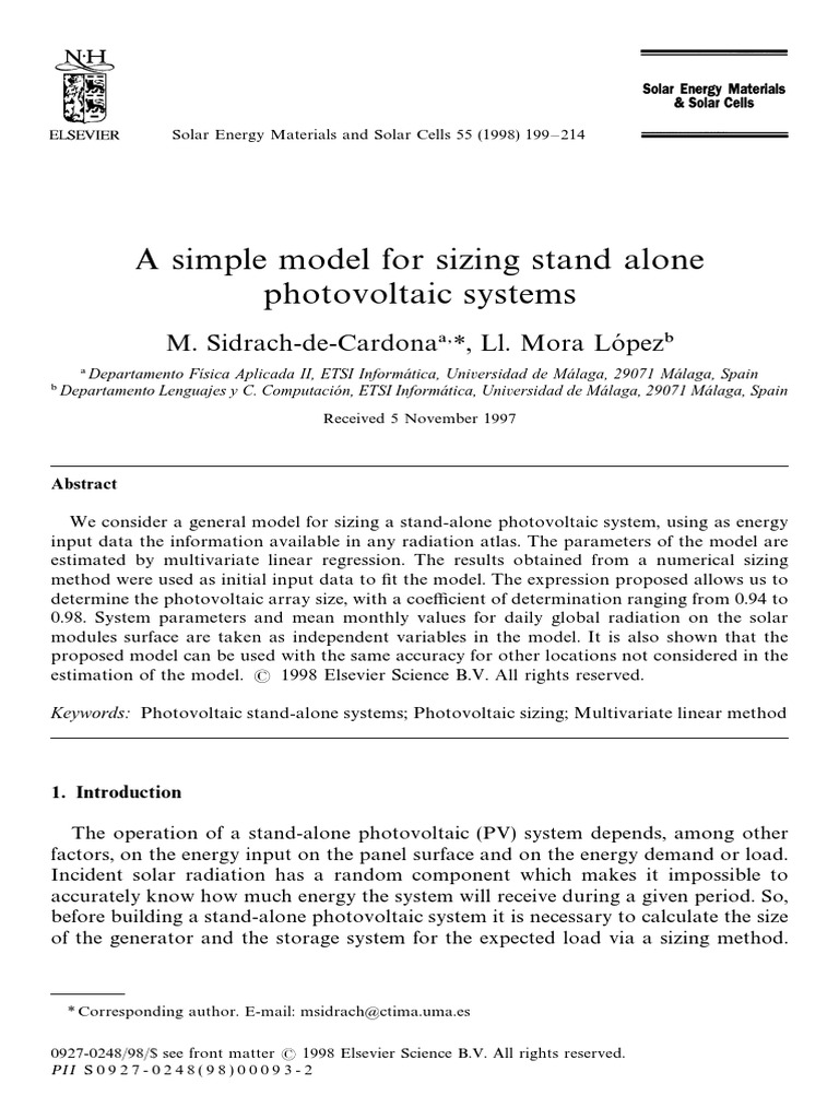 A Simple Model For Sizing Stand Alone PHOTOVOLTAIC SYSTEMS | PDF | Photovoltaic System ...