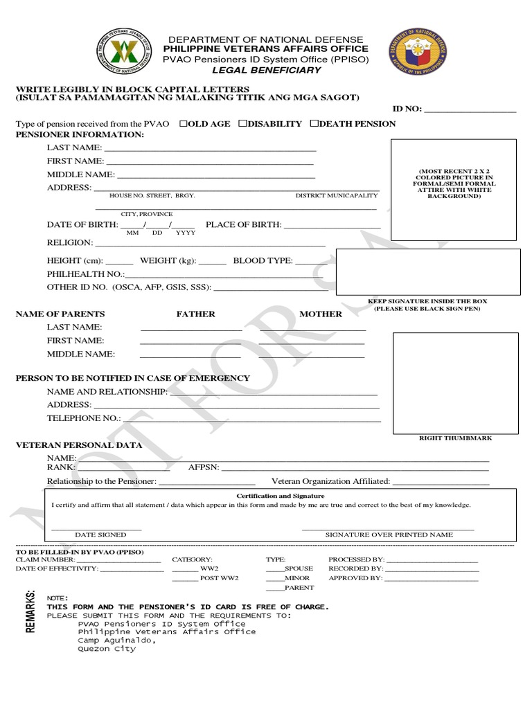 Application for a Philippine Veterans Affairs Office Pensioners ID Card ...