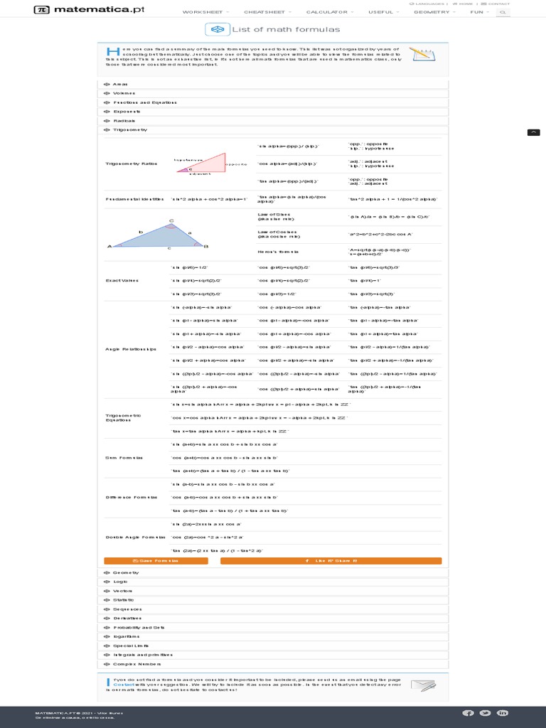 List of Math Formulas: Worksheet Cheatsheet Calculator Useful Geometry ...