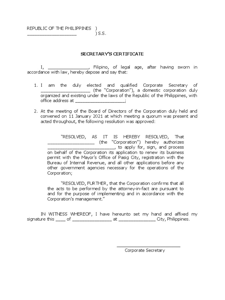 Secretary's Certificate for Business Permit | PDF