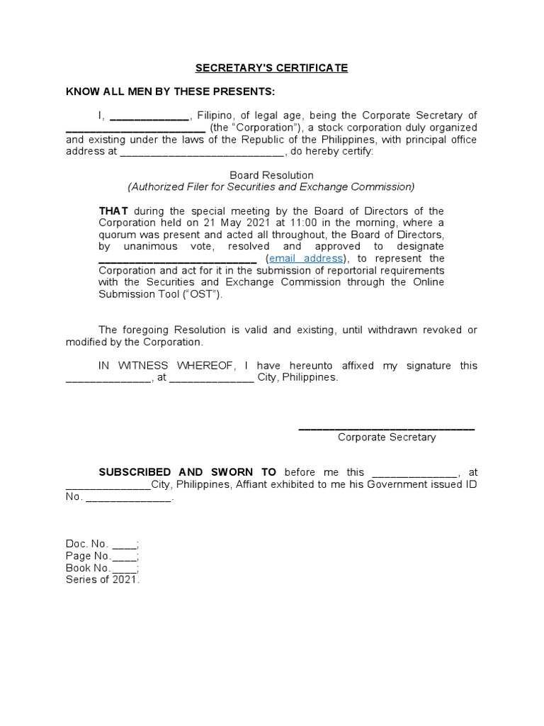 SAMPLE Secretary Certificate - SEC OST Enrollment | PDF