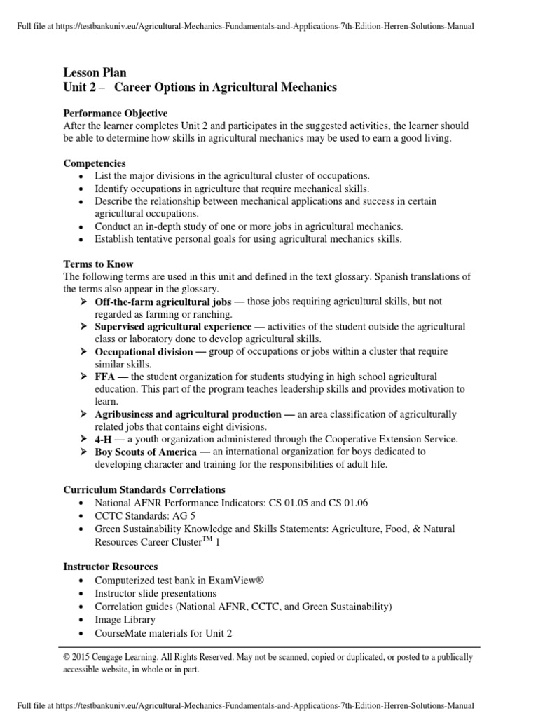 Lesson Plan Unit 2 - Career Options in Agricultural Mechanics | PDF ...