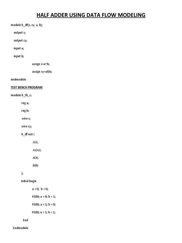 Half Adder Using Data Flow Modeling | PDF