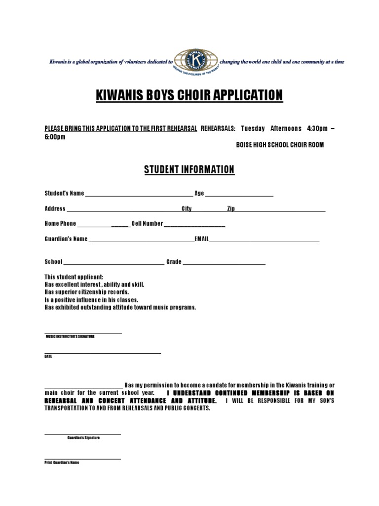 Kiwanis Boys Choir Application Form | PDF