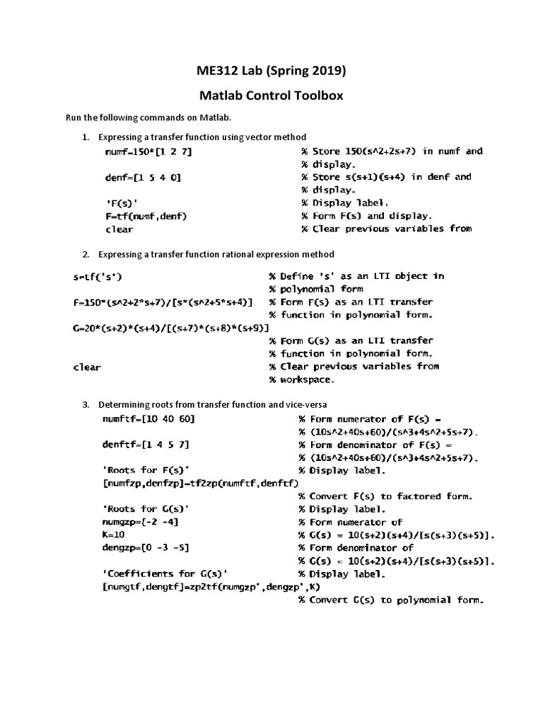 ME312 Lab (Spring 2019) Matlab Control Toolbox | PDF | Analysis ...