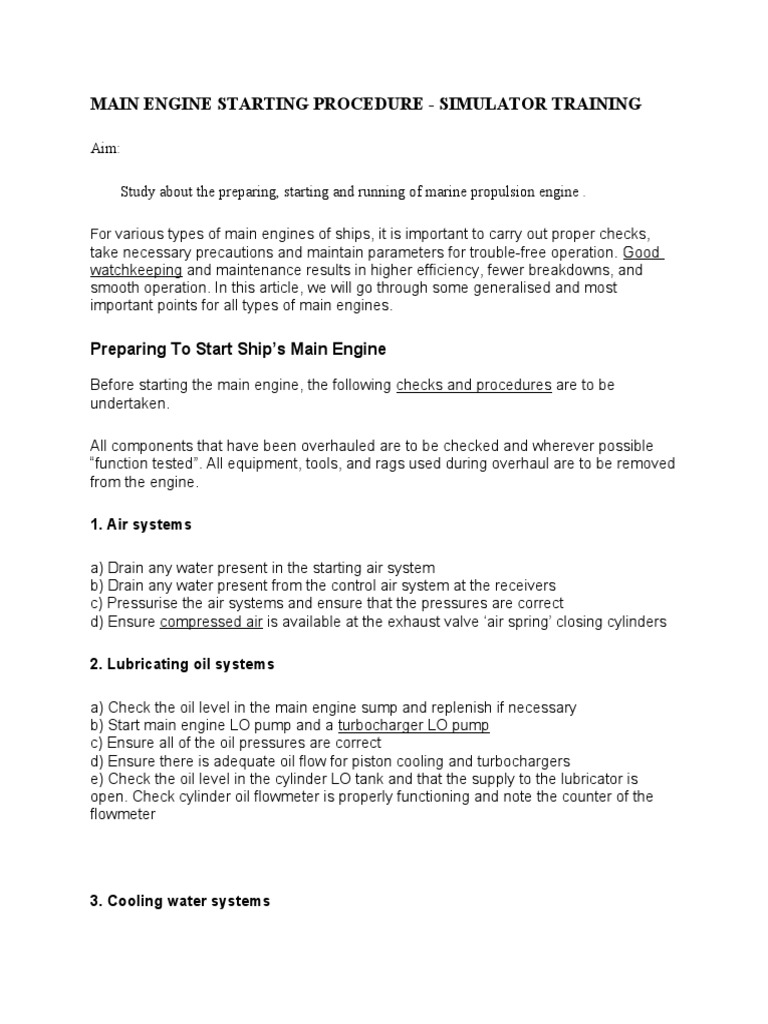 Marine Engine Start Procedure Guide | PDF | Turbocharger | Pump