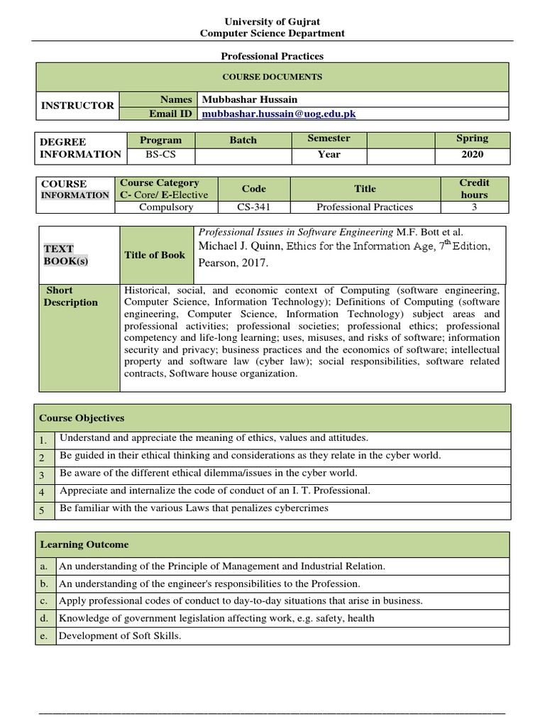 CS341 Course Outline Professional Practices | PDF | Computing | Software