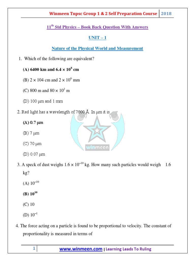 11th Physics Book Back Questions With Answers in English | PDF ...