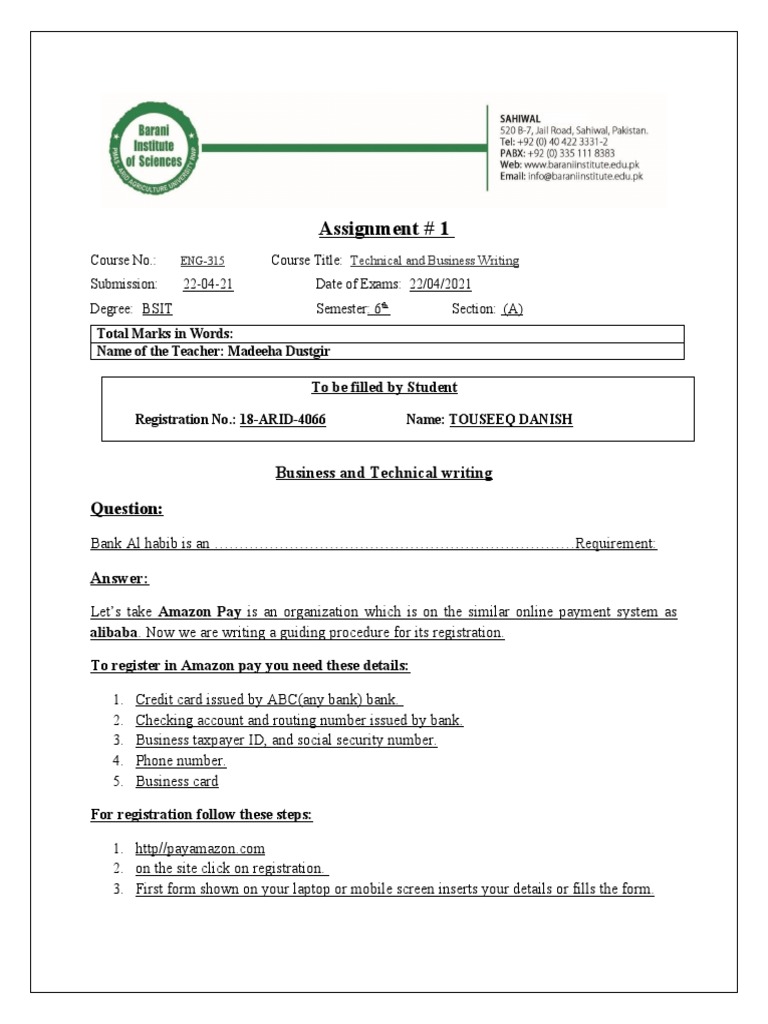 Touseeq Dansih (18-Arid-4066) Assignment | PDF | Payments | Business