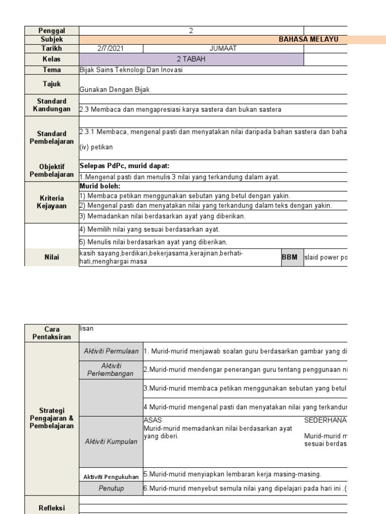 Contoh RPH BM (Plan) | PDF