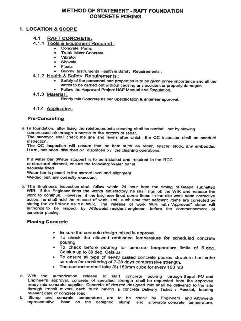 Method of Statement For Raft Foundation Concrete Pouring | PDF