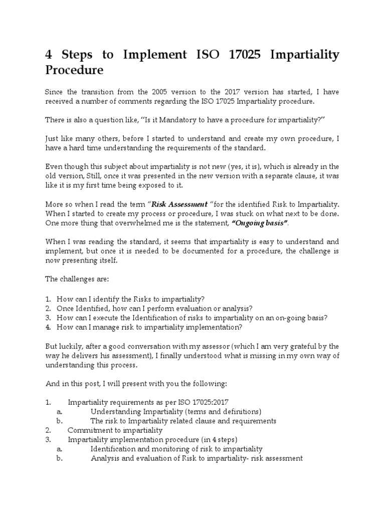 4 Steps To Implement ISO 17025 Impartiality Procedure | PDF | Risk ...