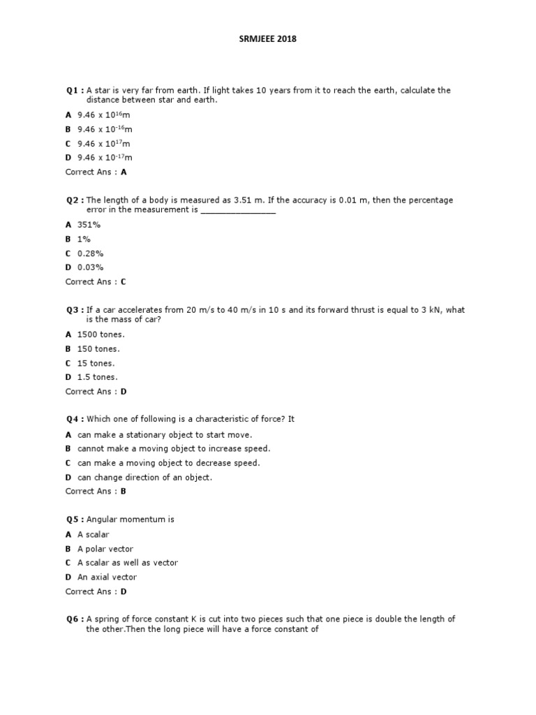 SRMJEEE 2018 Physics Question Set | PDF | Atoms | Electron