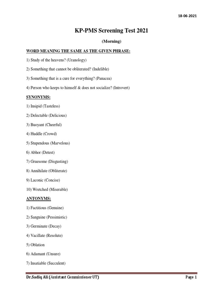 KP-PMS Solved Screening Test 2021 (Morning) - DR - Sadiq Ali (AC) | PDF ...